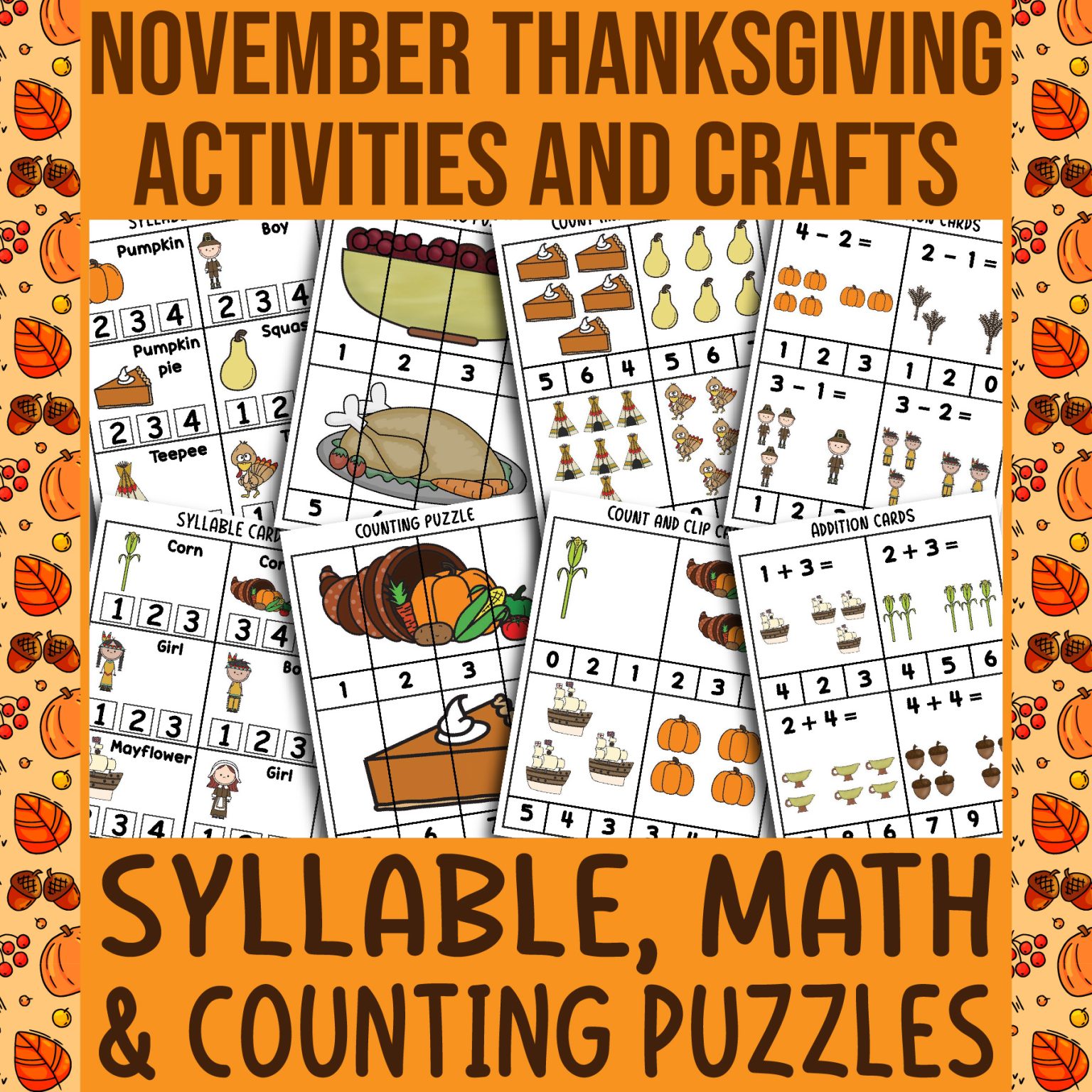 November Thanksgiving Activities - Syllable, Addition, Subtraction and ...