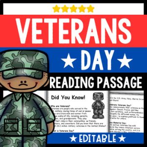 Veterans Day Activities Reading Comprehension Passage - EDITABLE | Made ...