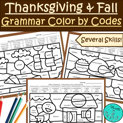Thanksgiving & Fall Grammar Skills Review Color by Code Activities ...