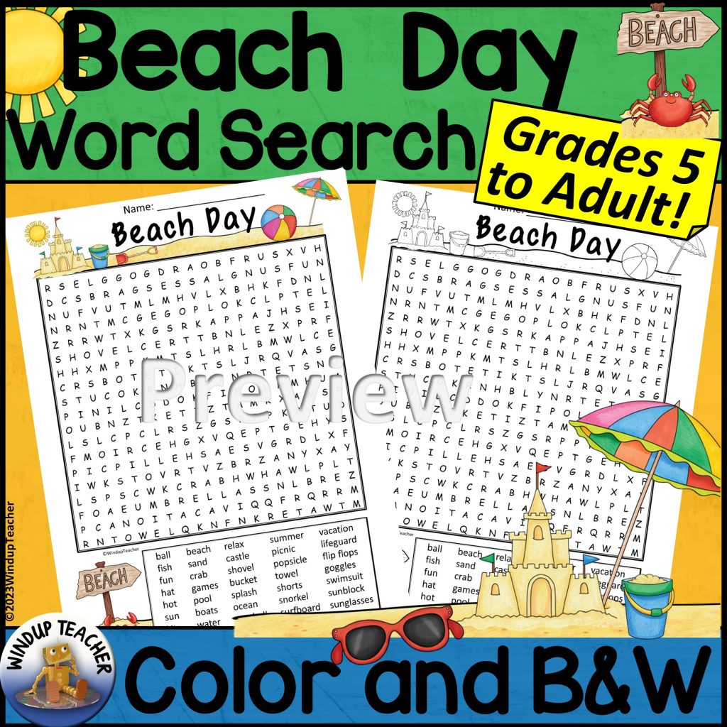 Beach Day Word Search Activity Printable Hard for Grades 5 to Adult ...