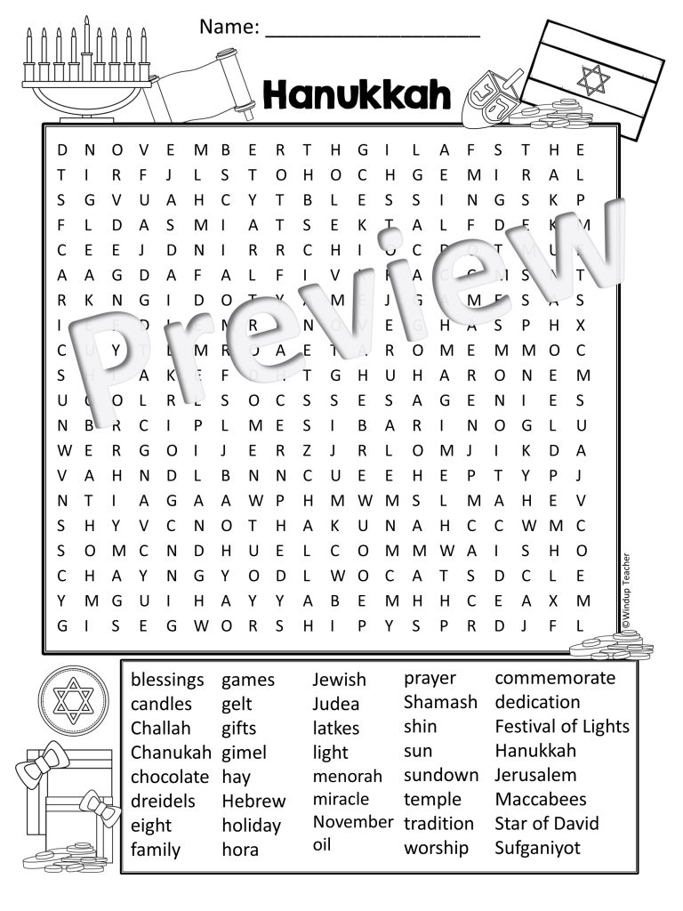 Hanukkah Word Search Activity Printable Hard for Grades 5 to Adult ...