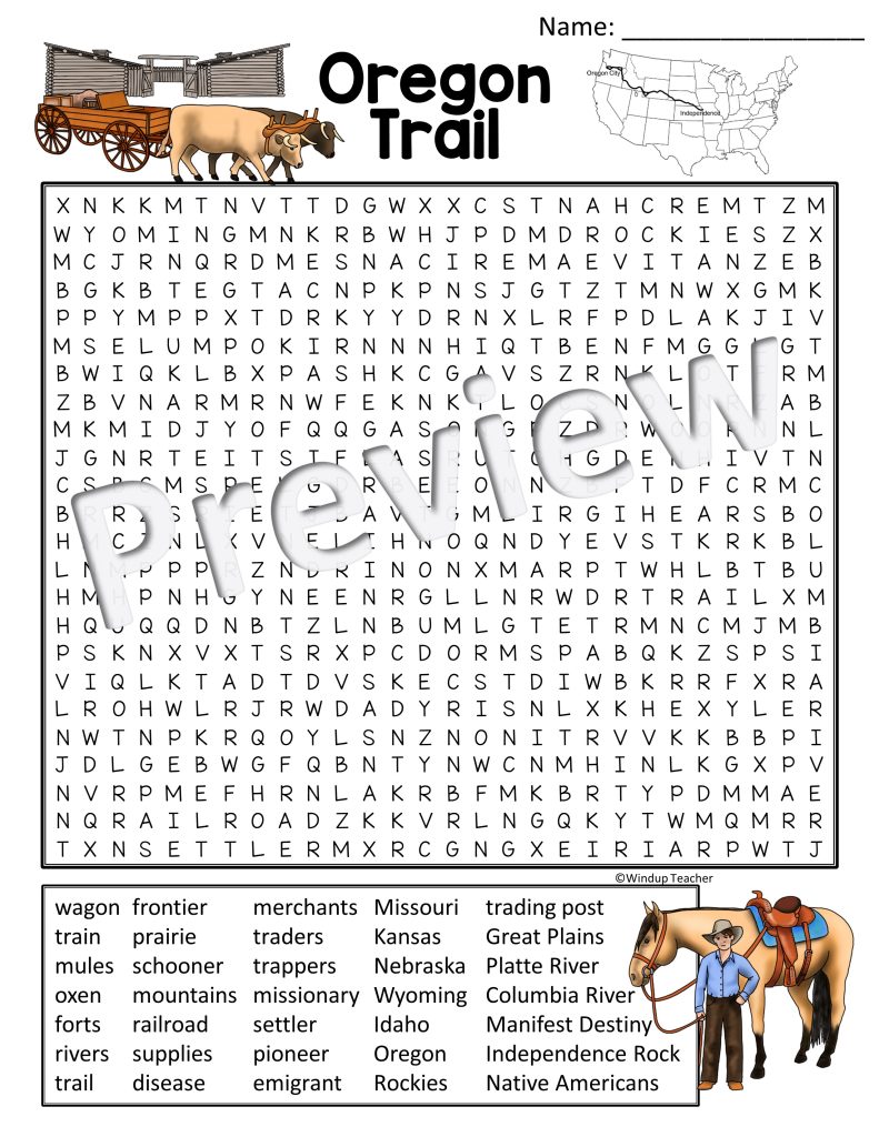 Oregon Trail Word Search Activity Printable Hard for Grades 5 to Adult ...