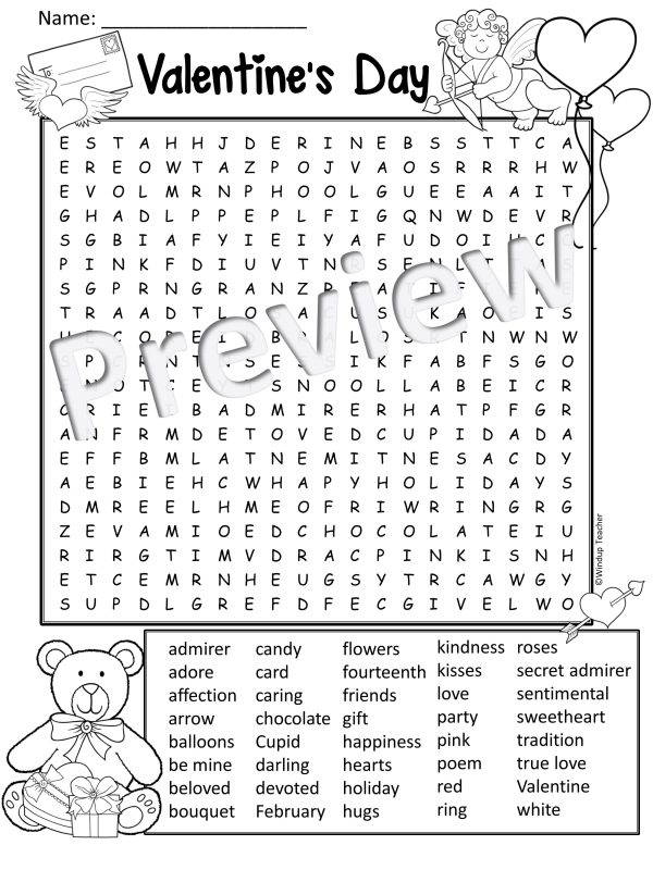 Valentine's Day Word Search Activity Printable Hard for Grades 5 to ...