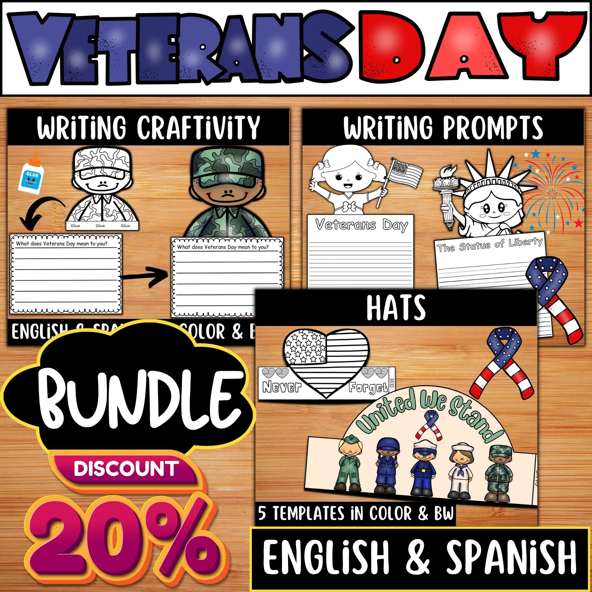 Veterans Day Crafts BUNDLE: Hats & Writing Prompts in English & Spanish ...