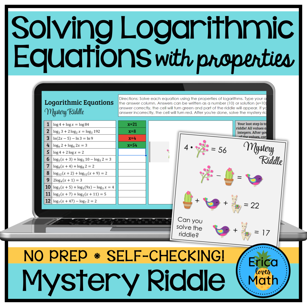 Solving Logarithmic Equations using Properties Digital Mystery Riddle ...