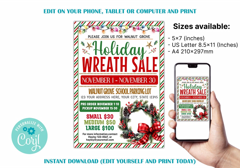 Customizable Holiday Wreath Sale Flyer, Fundraiser Sale Charity Poster ...