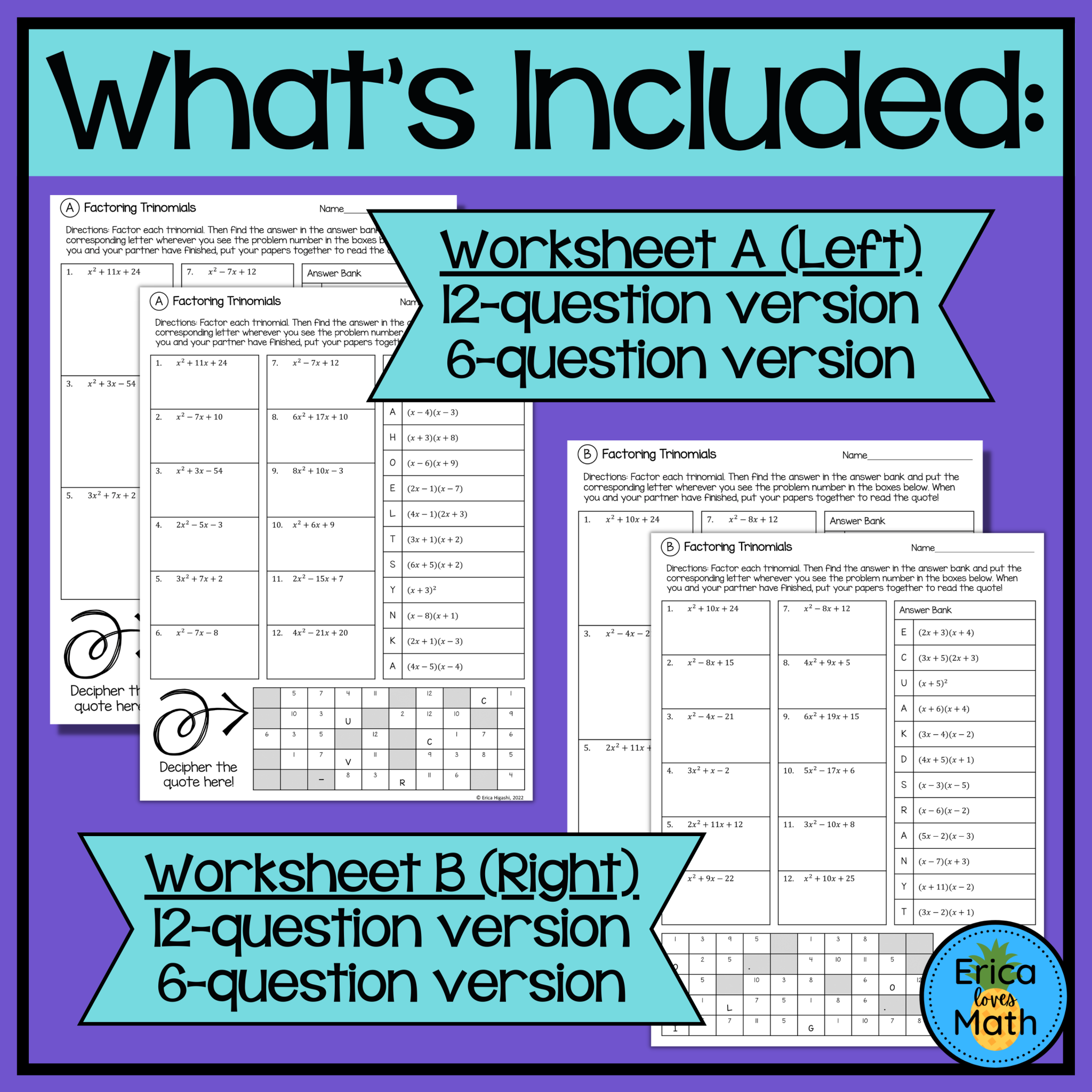 Factoring Trinomials Differentiated Partner Worksheets Quotable - Made ...
