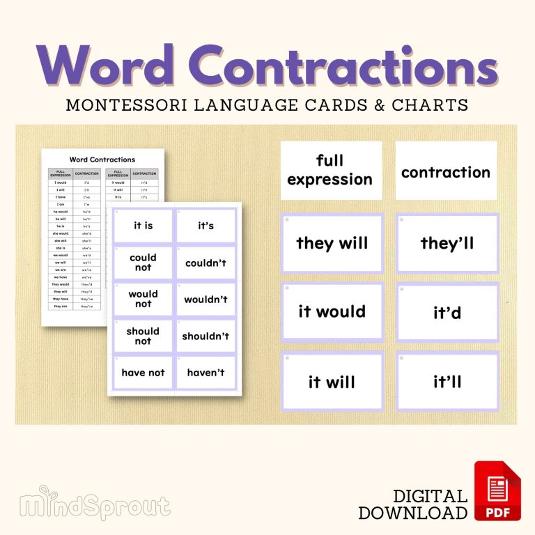 Word Contractions in PRINT Montessori Language Activity Material ...
