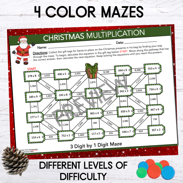 Christmas 3 Digit by 1 Digit Multiplication Math Maze Activties - Made ...