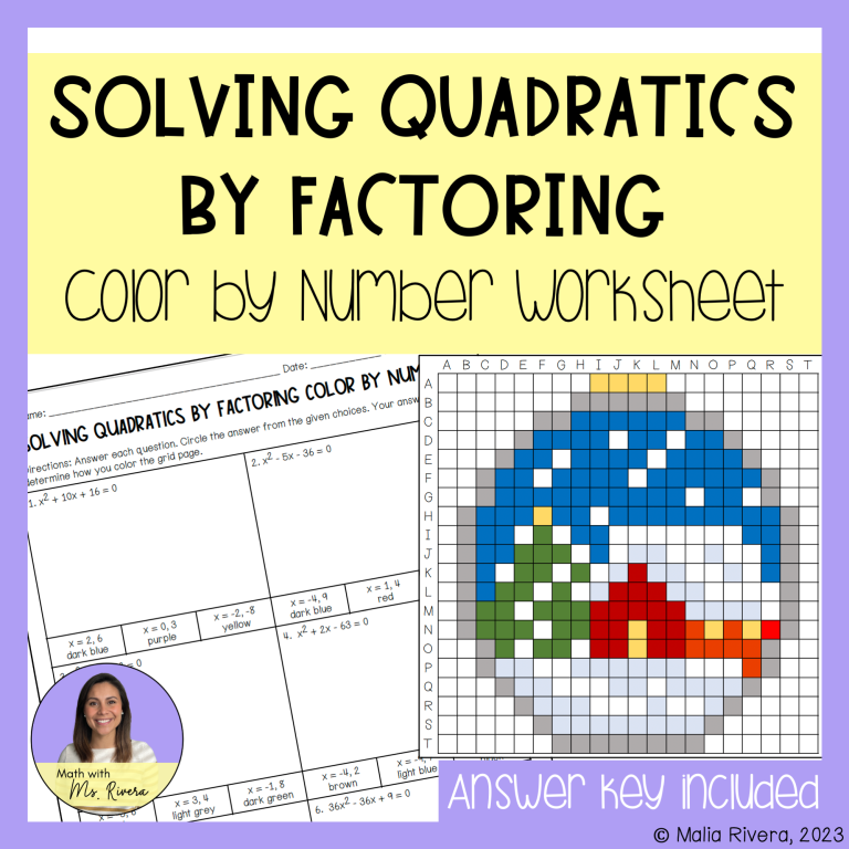 Solving Quadratic Equations by Factoring Color by Number Pixel Art ...