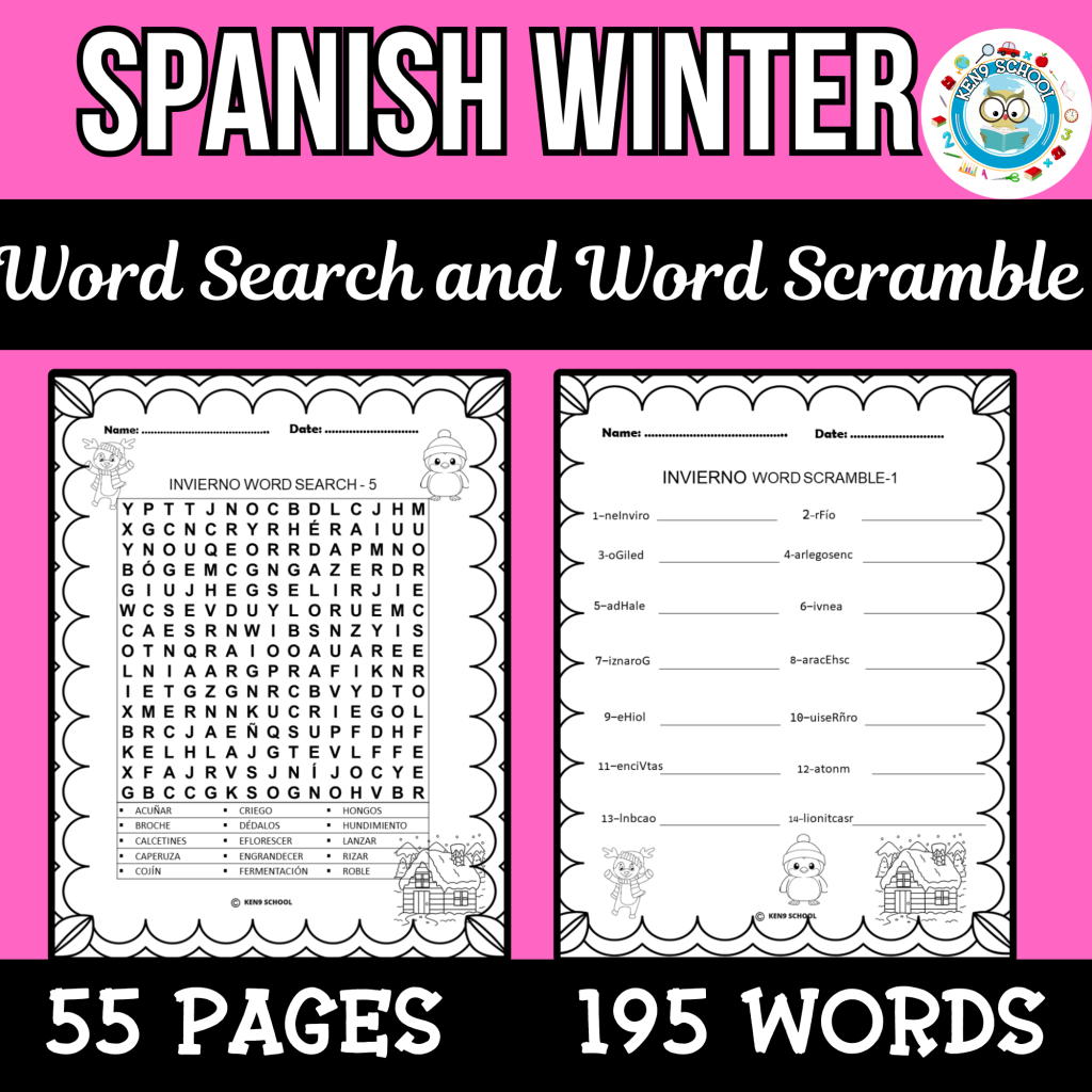 Invierno - Winter Vocabulary Spanish Word Search and Word Scramble ...
