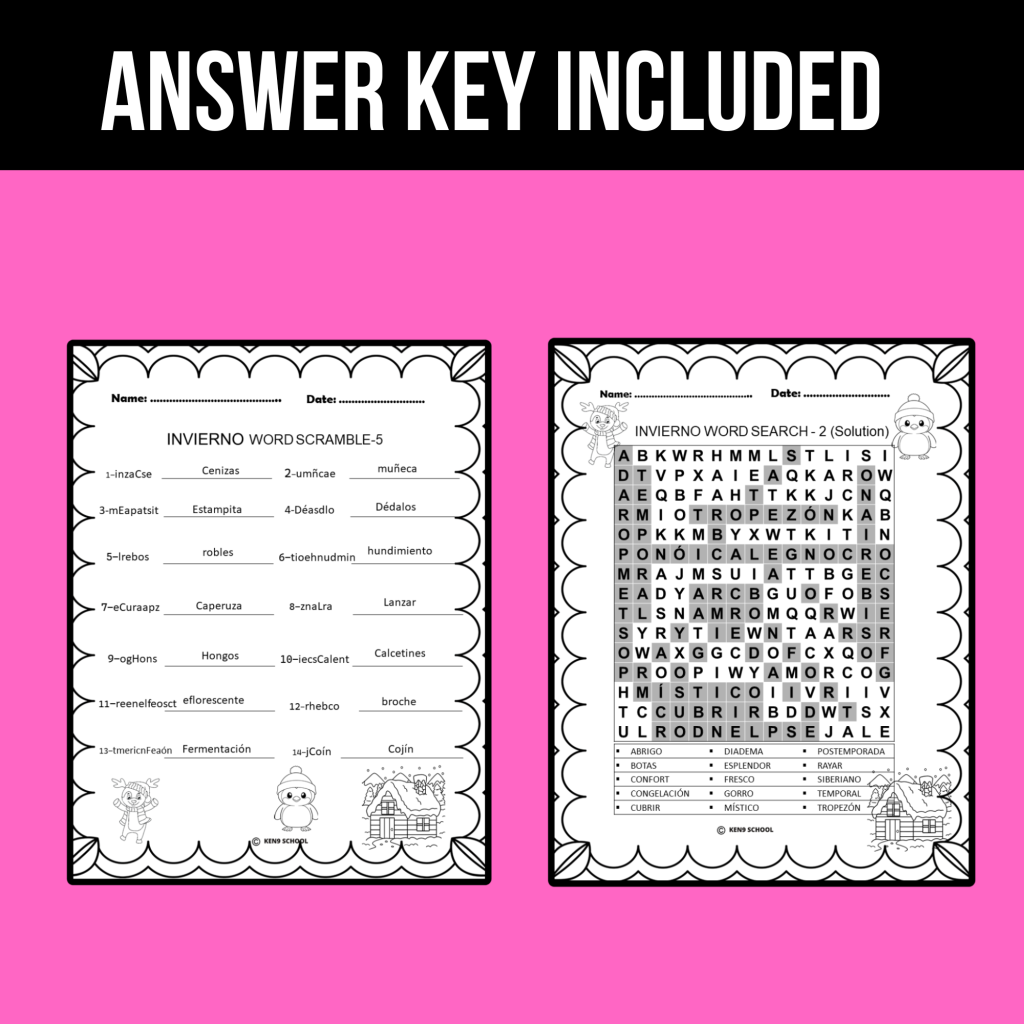 Invierno - Winter Vocabulary Spanish Word Search and Word Scramble ...