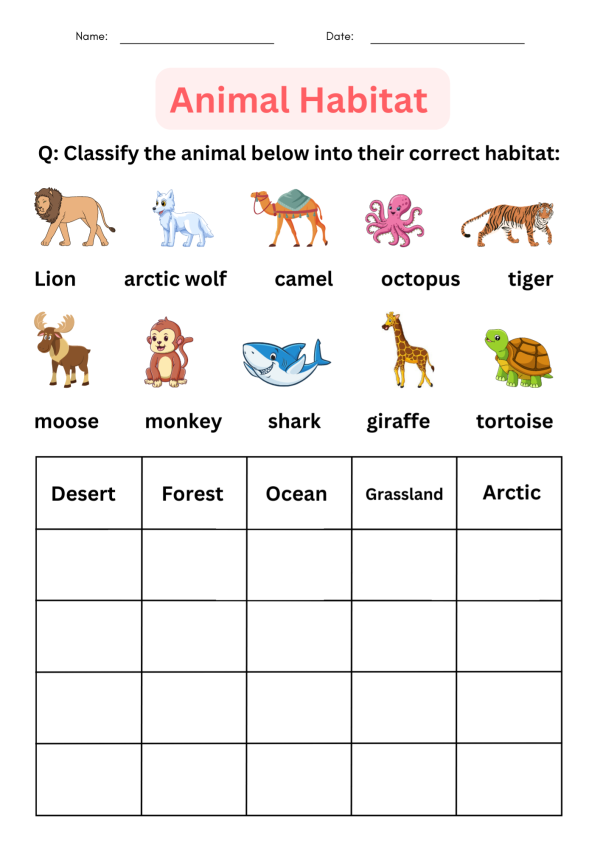 printable matching activity animal habitats worksheets for grade 1, 2 ...