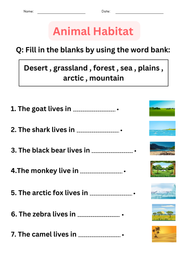 printable matching activity animal habitats worksheets for grade 1, 2 ...