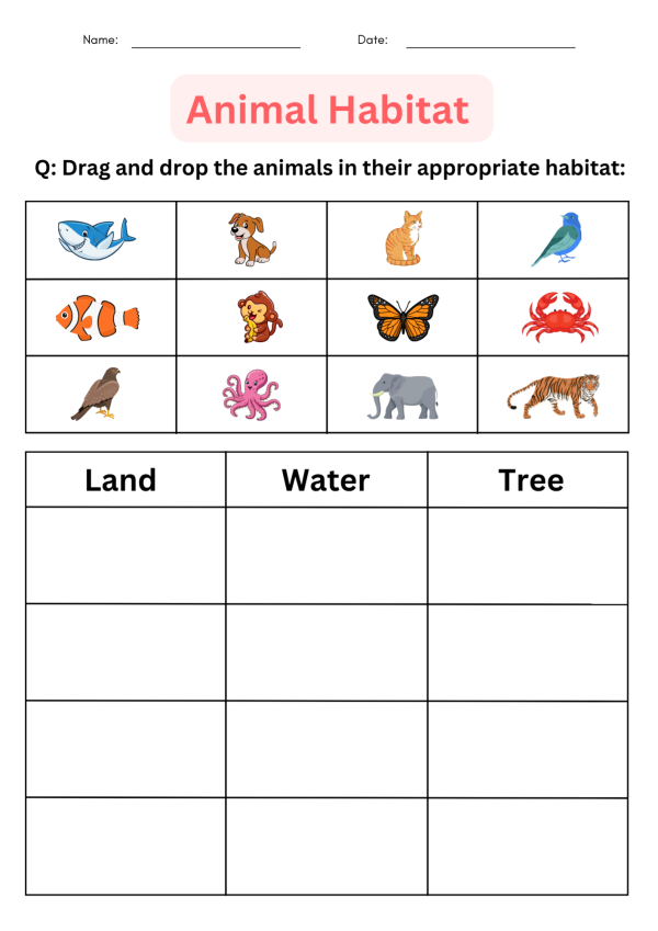 printable matching activity animal habitats worksheets for grade 1, 2 ...