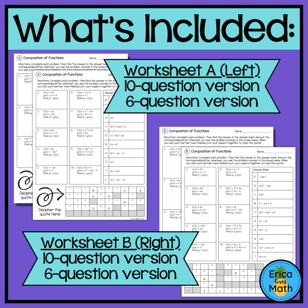 Composition of Functions Differentiated Partner Worksheets Quotable ...