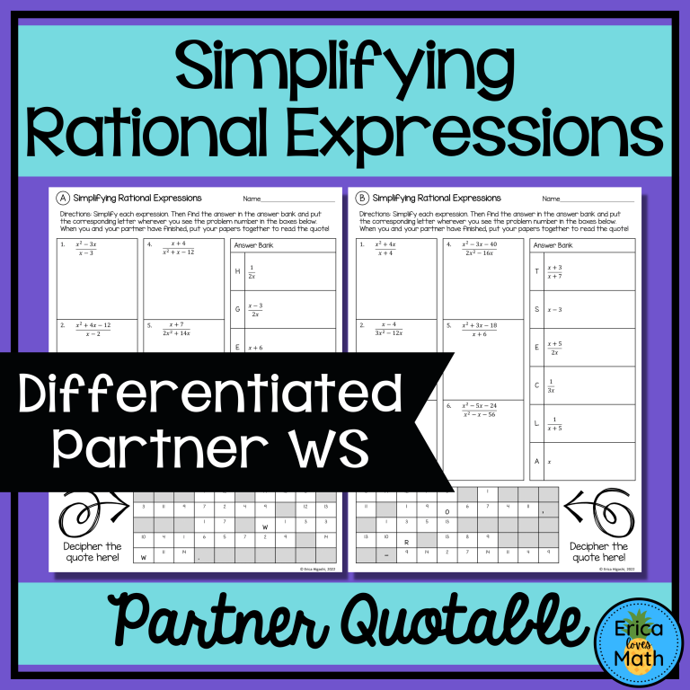 Simplifying Rational Expressions Differentiated Partner Worksheets ...