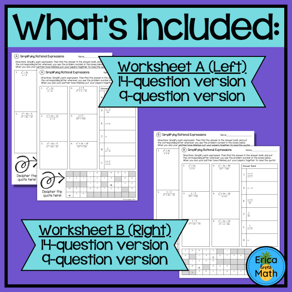 Simplifying Rational Expressions Differentiated Partner Worksheets ...