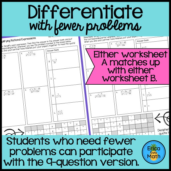 Simplifying Rational Expressions Differentiated Partner Worksheets ...