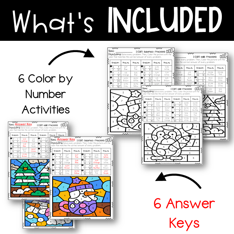 Winter Adding and Subtracting Fractions with Unlike denominator Color ...