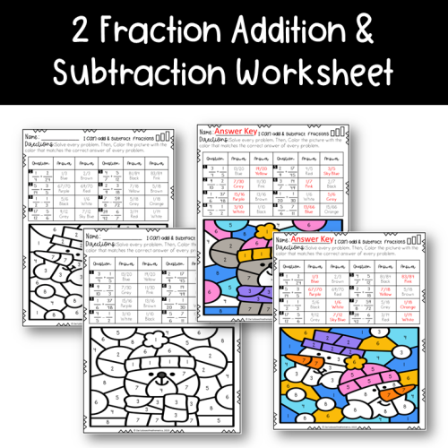 Winter Adding and Subtracting Fractions with Unlike denominator Color ...