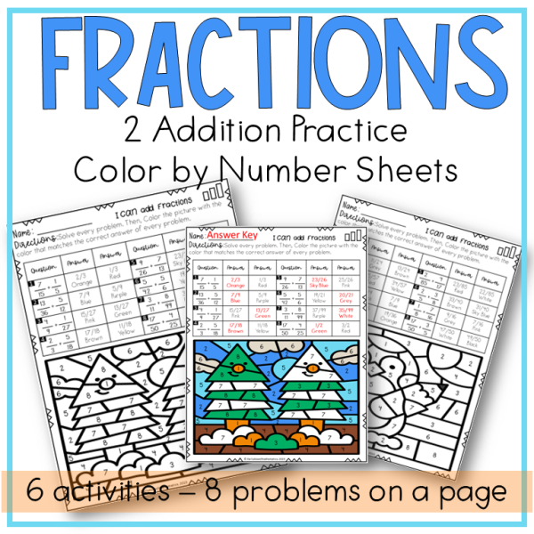 Winter Adding and Subtracting Fractions with Unlike denominator Color ...