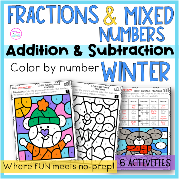 Winter Adding and Subtracting Fractions and Mixed Numbers Color by ...