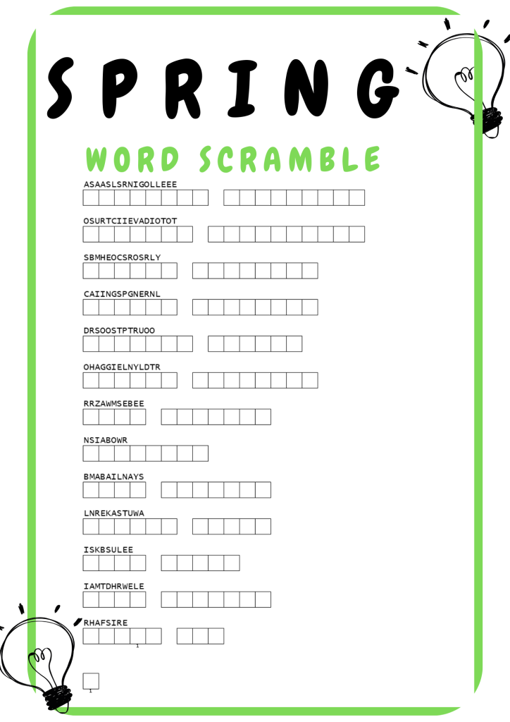 SPRING WORD SCRAMBLE PUZZLE WORKSHEETS ACTIVITIES FOR KIDS - Made By ...