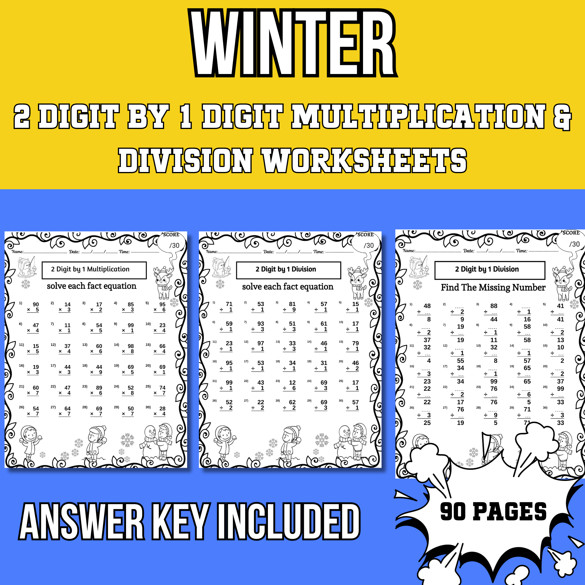 Winter 2-Digit by 1-Digit Multiplication & Division|Missing Numbers ...