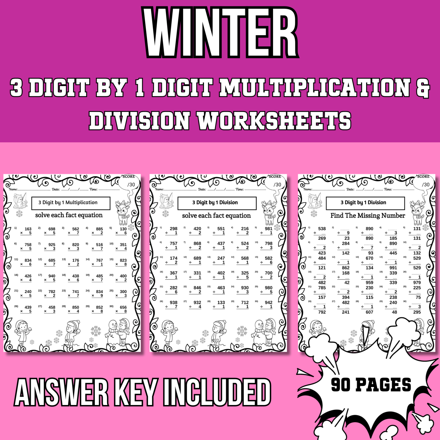 Winter 3-Digit by 1-Digit Multiplication & Division|Missing Numbers ...