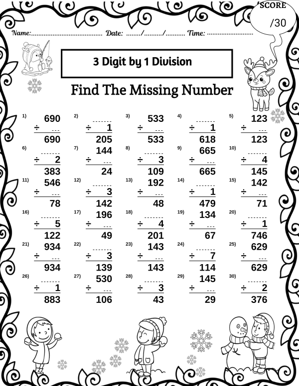 Winter 3-Digit by 1-Digit Multiplication & Division|Missing Numbers ...