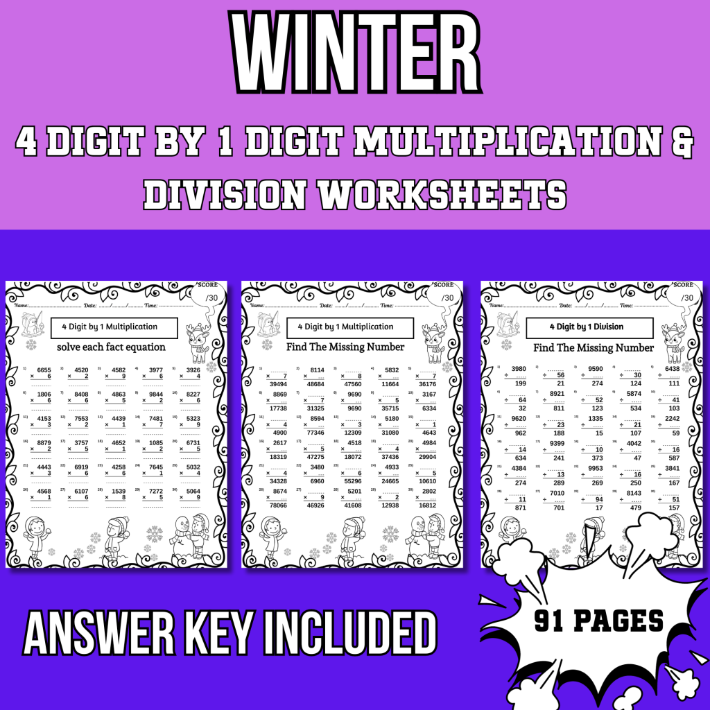 Winter 4-Digit by 1-Digit Multiplication & Division|Missing Numbers ...