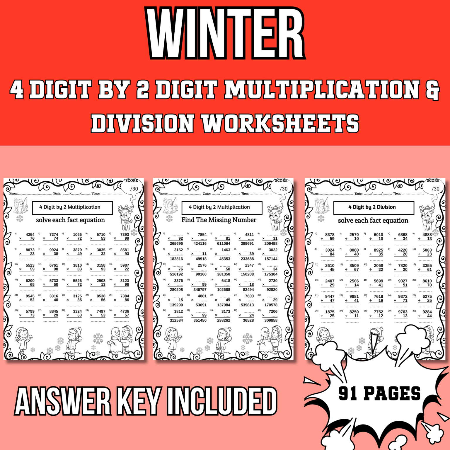 Winter 4-Digit by 2-Digit Multiplication & Division|Missing Numbers ...