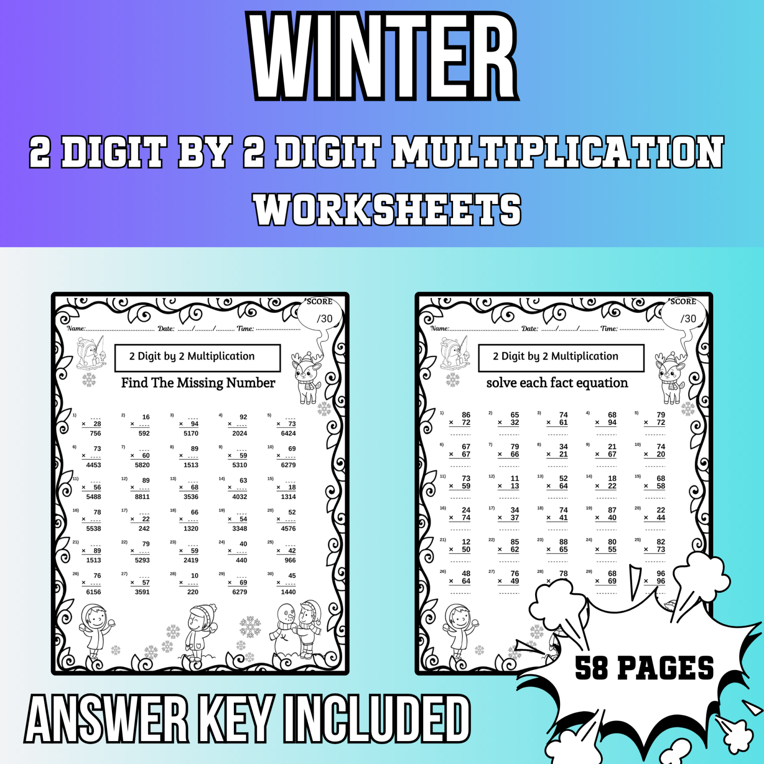 Winter 2-Digit by 2-Digit Multiplication Worksheets |Missing Numbers ...