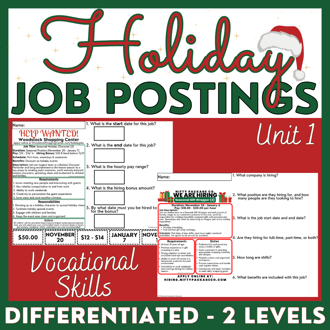 Fall-Themed Job Postings Unit 1 - Functional Reading - Vocational ...