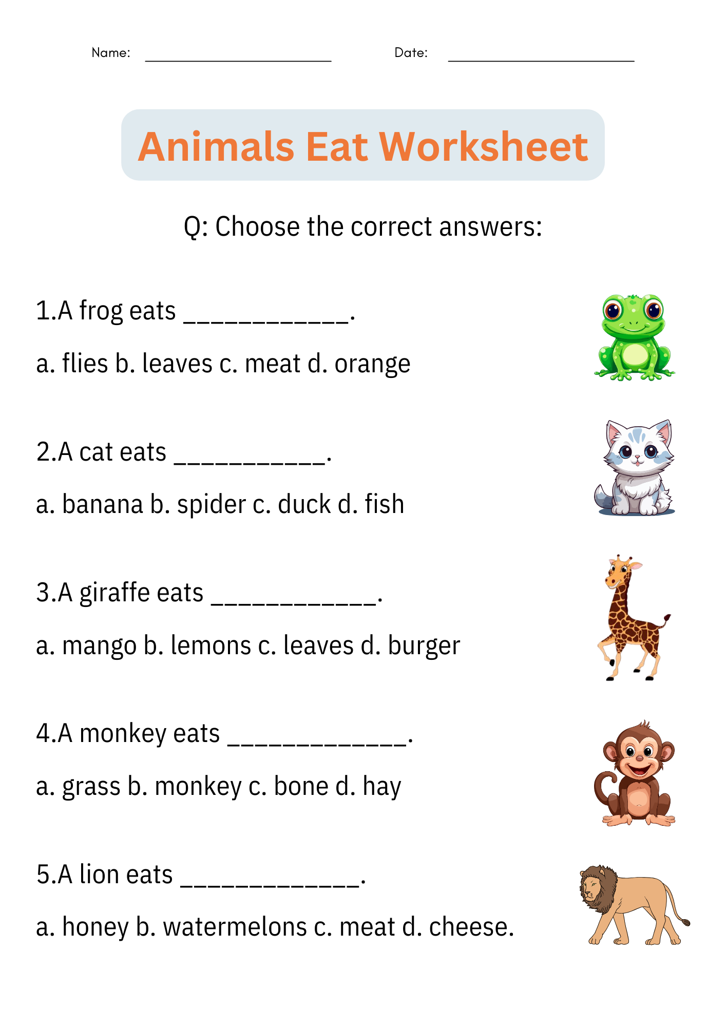 What Do Animals Eat? - Matching Animals and Their Food Worksheets for ...