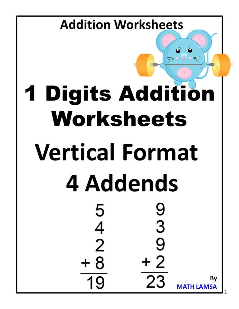 1 Digit Addition Worksheets - Vertical Format 4 Addends | Made By Teachers