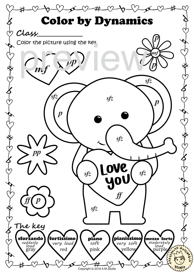 Valentine`s Day Music Coloring Pages | Color by Dynamics - Made By Teachers