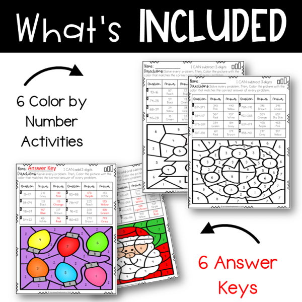 Christmas 2 and 3 Digit Addition and Subtraction Color By Number ...