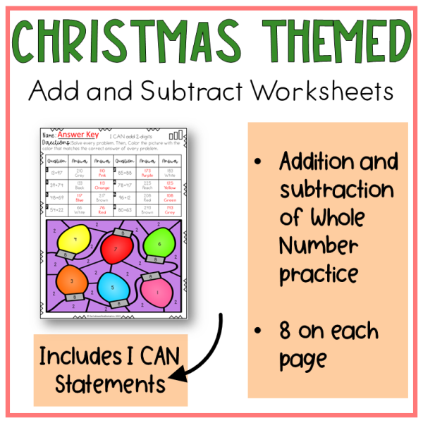 Christmas 2 and 3 Digit Addition and Subtraction Color By Number ...