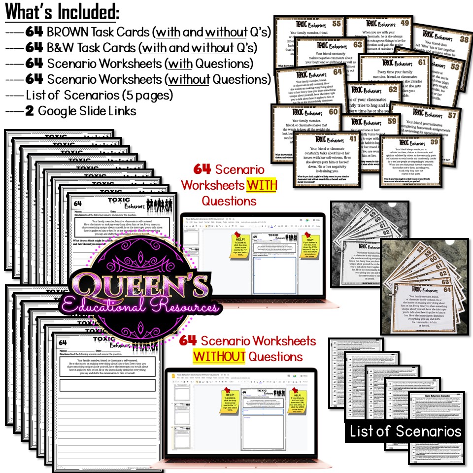 Toxic Behaviors Scenario Task Cards and Worksheets | Situation Cards ...
