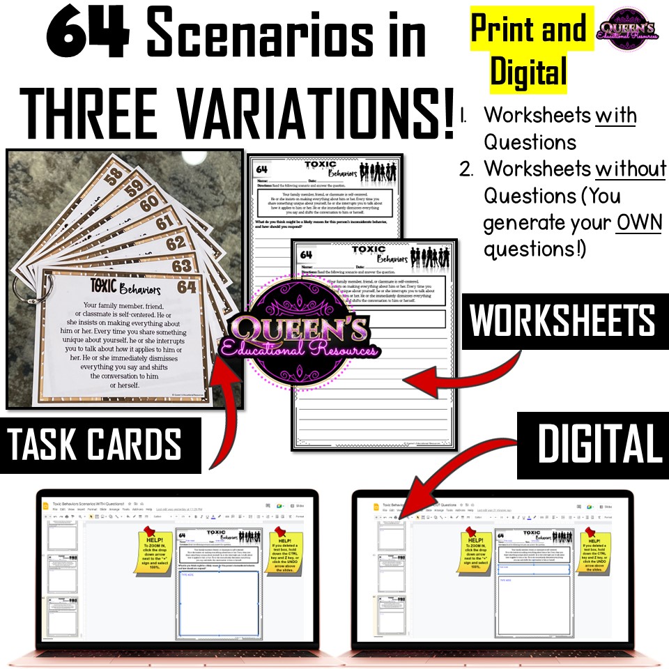Toxic Behaviors Scenario Task Cards and Worksheets | Situation Cards ...