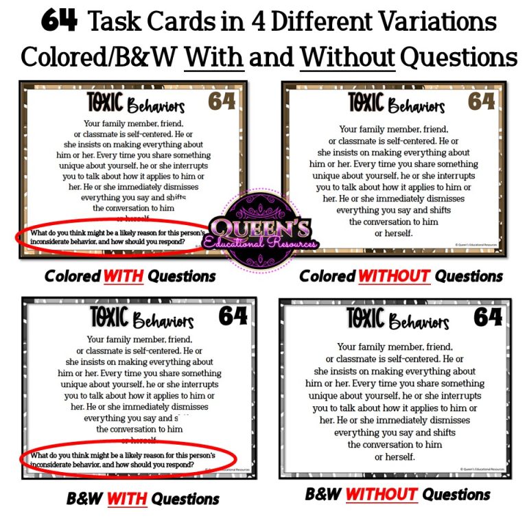 Toxic Behaviors Scenario Task Cards and Worksheets | Situation Cards ...