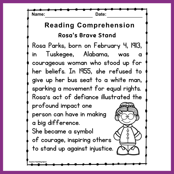 Rosa Parks Reading Comprehension Passages and Activities Worksheet (No ...