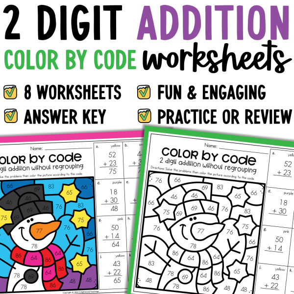 Winter 2 Digit Addition & Subtraction without Regrouping Color by Code ...