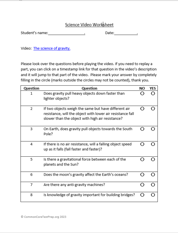 Intro to Gravity. Video sheet, Google Forms, Blackboard, Canvas, Easel ...