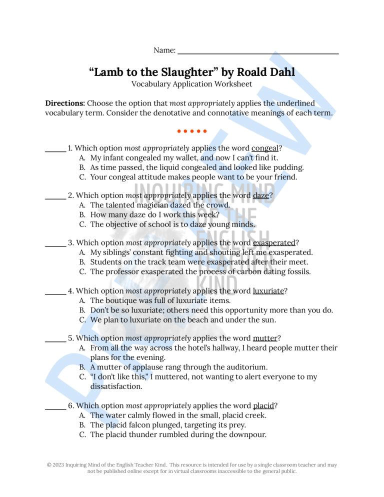 "Lamb to the Slaughter" by Roald Dahl Vocabulary Games and Activities ...