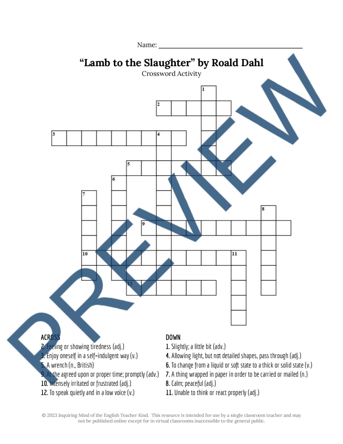 "Lamb to the Slaughter" by Roald Dahl Vocabulary Games and Activities ...