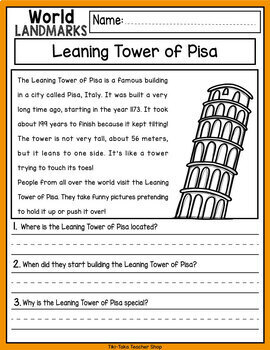 Famous World Landmarks Social Studies Reading Comprehension Passages ...