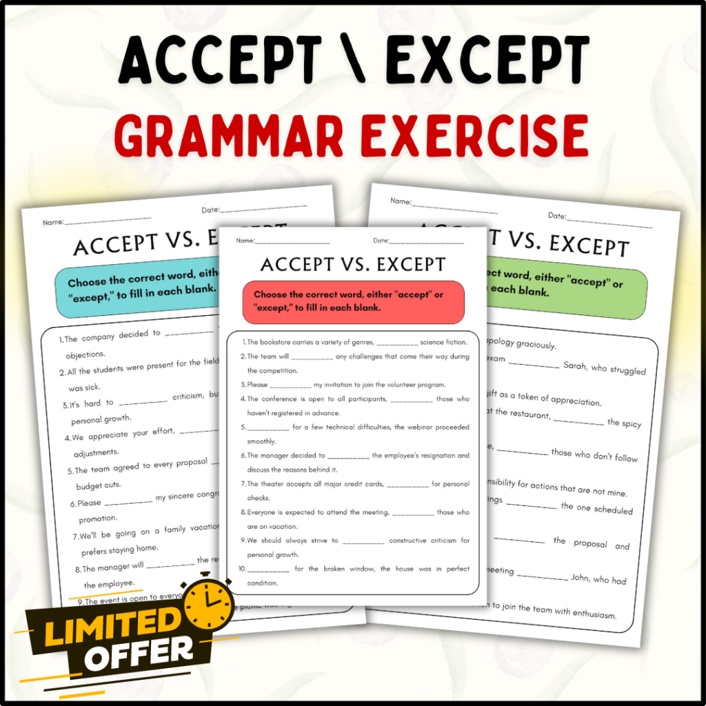 Accept or Except Grammar Exercise Worksheets for all (Editable) | Made ...